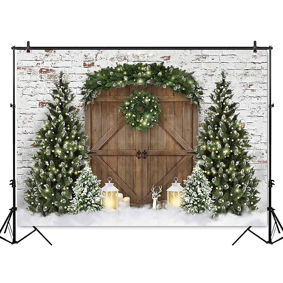 Mocsicka Christmas Wood House Photography Backdrop Xmas Tree Snow Wreath Photo Background Rustic Barn Door Family Kids Holiday Portrait Photo Booth Props (10x8ft)