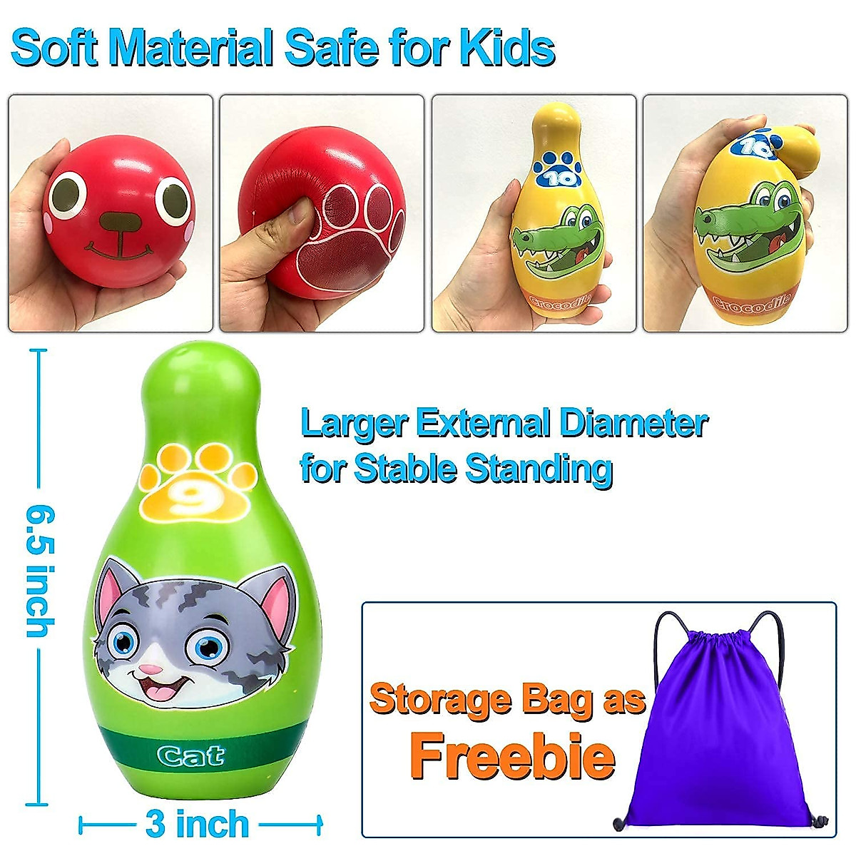 Tsomtto Kids Bowling Set Toddler Toys for 2 3 4 Year Old Boy Girl Birthday Gifts Soft Foam Animal Bowling Pins with Storage Bag Indoor Activities Outdoor Outside Easter Games Age 1-3 2-4 Present