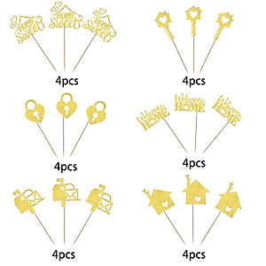 24 Pack Sweet Home Cupcake Toppers Glitter Key Lock Housewarming Cupcake Picks New Home Theme Party Welcome New House Party Cake Decorations Supplies Gold