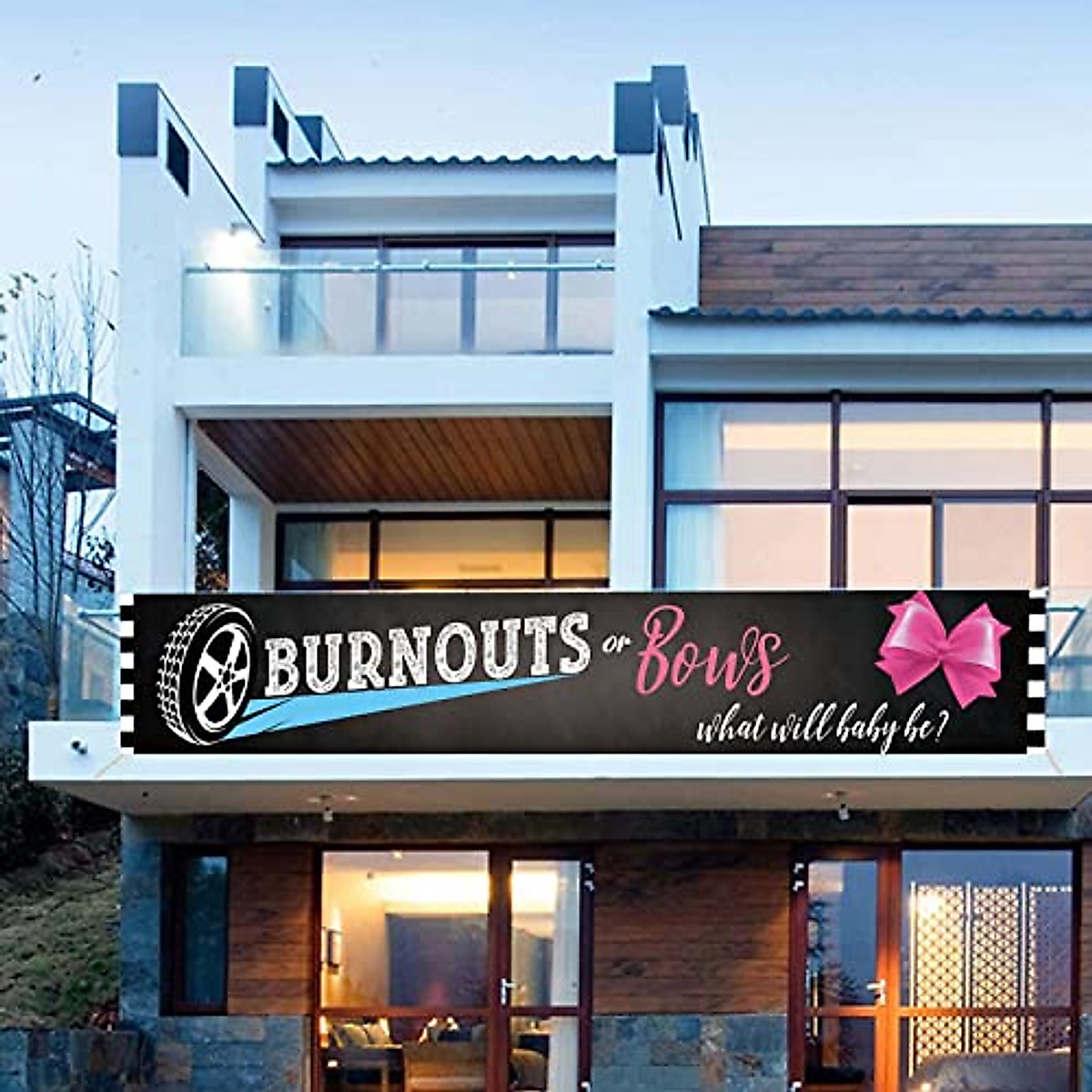 ZDX Burnouts or Bows Gender Reveal Theme Banner With 13 Feet White Rope (118 x 20 inches) Kids Baby Shower Party Banner Decor Photography Backdrops Outdoor & Indoor Hanging Cake Table Supplies Banner