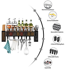 Tamomic Hanging Spice Rack Wall Mount, Over Stove Spice Organizer Shelf with Wall Hanging Utensil Holder 6 Hooks for Kitchen, Black