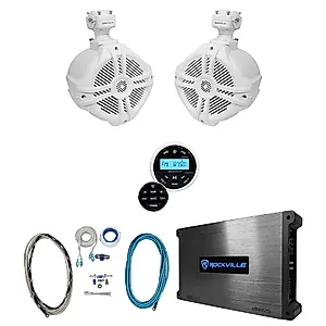 Rockville Bluetooth Receiver+6.5" White Marine Wakeboard Tower Speakers+Amp+Kit