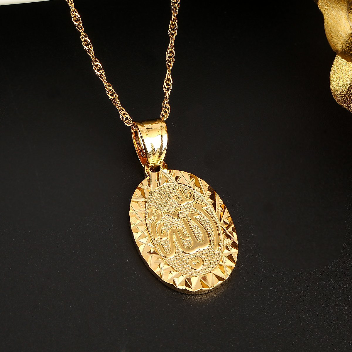 24K Gold Islamic Arabic Script Allah Oval Pendant Necklace for womens