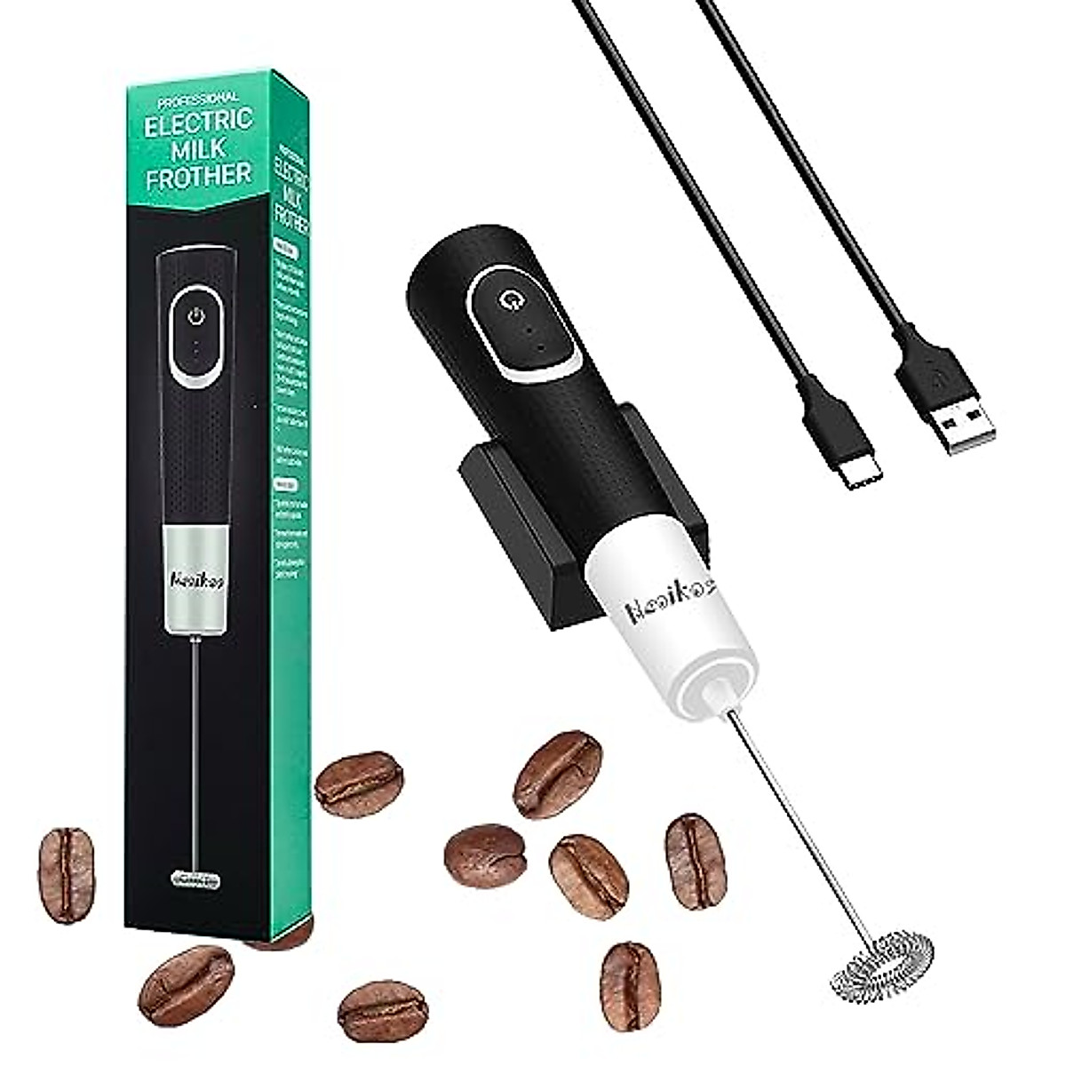 Neoikos Milk Frother Coffee Mixer Handheld, Rechargeable Coffee Grinder, Frother Whisk, Mini Blender and Electric Mixer Coffee Frother for Frappe, Latte, Matcha...