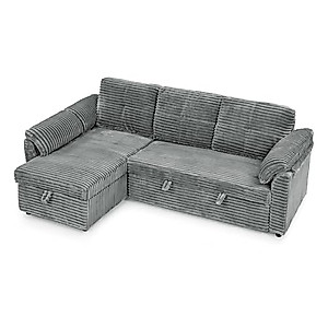 Corduroy Tufted Upholstered Left Facing Sleeper Sectional Sofa, L-Shaped Pull Out Sleep Couch Bed Modular Convertible Sofabed with Right Storage Chaise and Pillow-top Armrests for Living Room