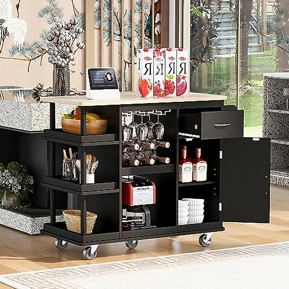 JVIBI Multipurpose Kitchen Cart Cabinet with Side Storage Shelves,Rubber Wood Top, Adjustable Storage Shelves, 5 Wheels, Kitchen Storage Island with Wine Rack for Dining Room, Home,Bar,Black