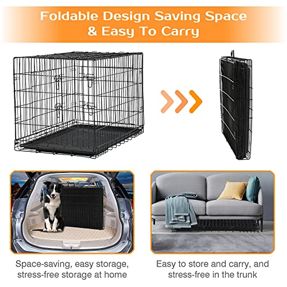 48 Inch Dog Crate Dog Cage for Large Dogs Folding Mental Wire Dog Kennel Outdoor and Indoor with Double-Door Divider Panel Removable Tray and Handle