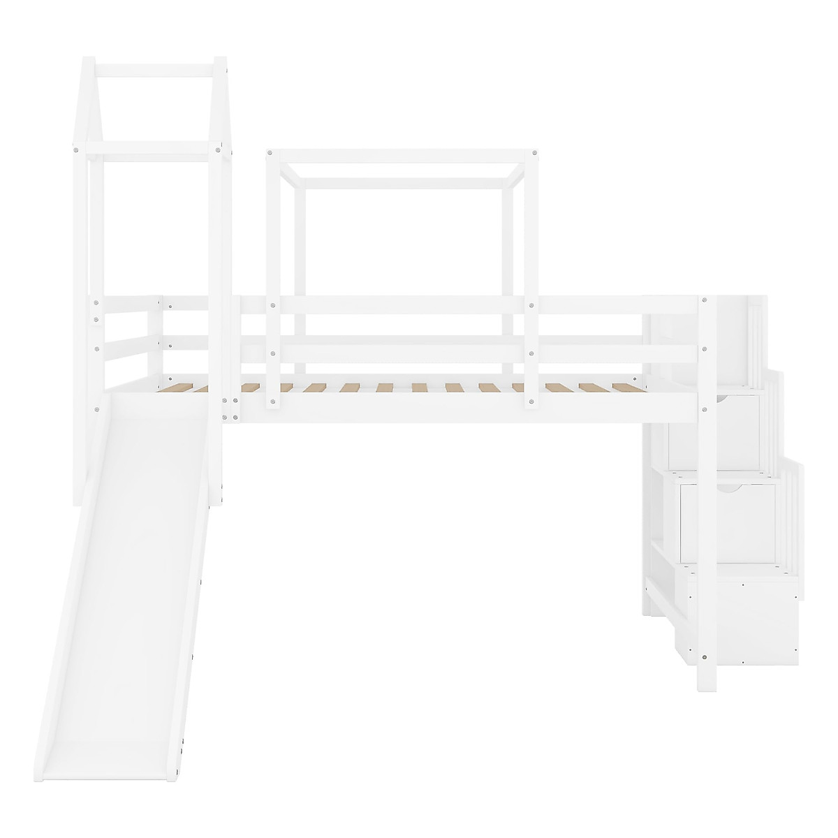 Merax Low Loft Bed Full Size with Slide and Storage Stairs, Wood Loft Bed with Tent & Tower, for Boys & Girls, Pink