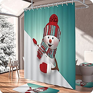 powond Snowman Shower Curtain Sets for Bathroom with Non-Slip Rugs, Toilet Lid Cover, Bath Mat and Snowman Shower Curtains with 12 Hooks, 4Pcs Bathroom Decor Set with Rugs and Accessories