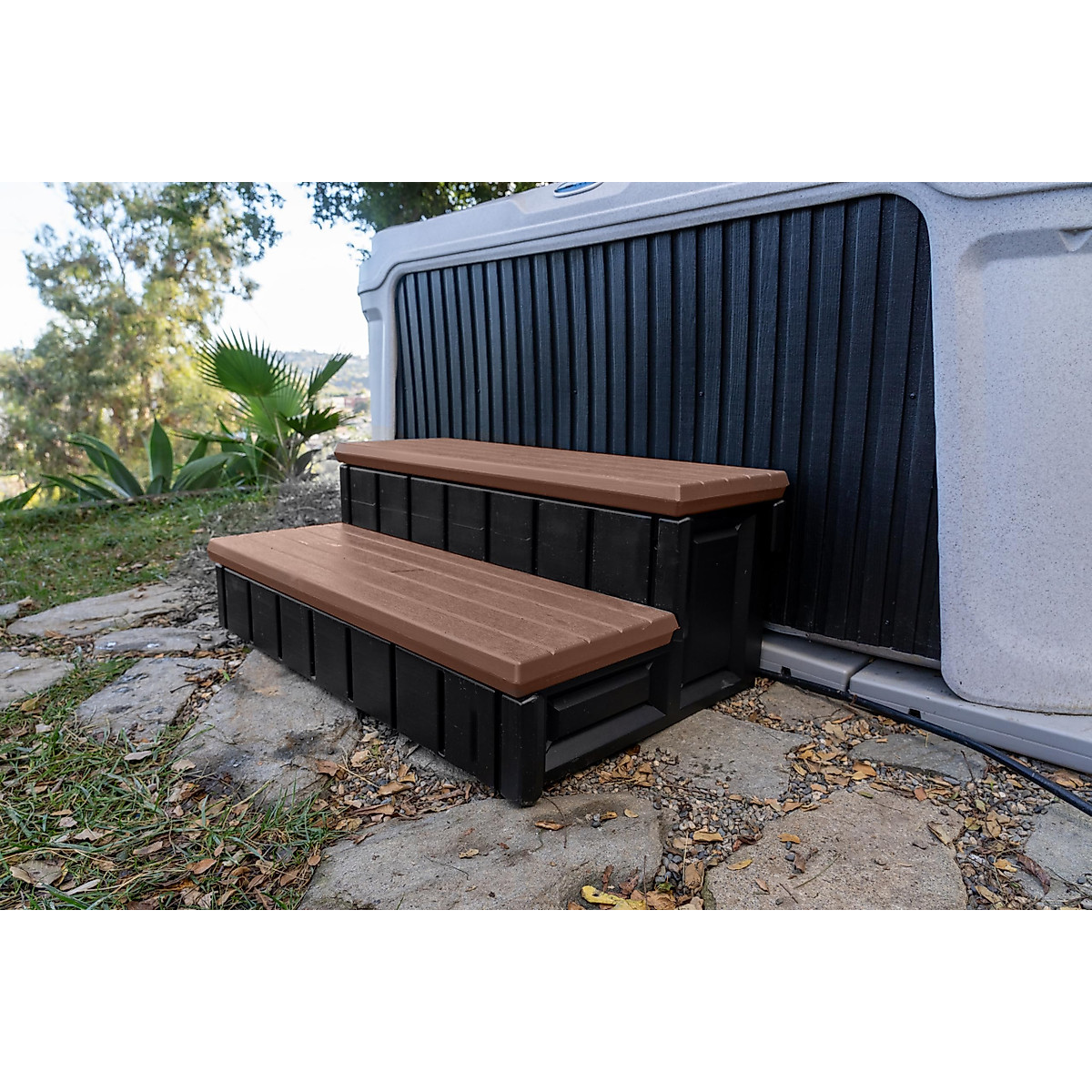 Confer Plastics Two Tier 36" Wide Deluxe Hot Tub Step. Non-Skid Spa Steps, Easy Installation, Sturdy, Long Lasting Upgrade to Your Space. Proudly Made in USA. - Espresso