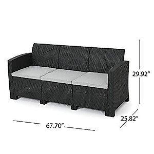 Christopher Knight Home St. Lucia Outdoor 3-Seater Faux Wicker Rattan Style Sofa with Water Resistant Cushions, Charcoal / Light Grey