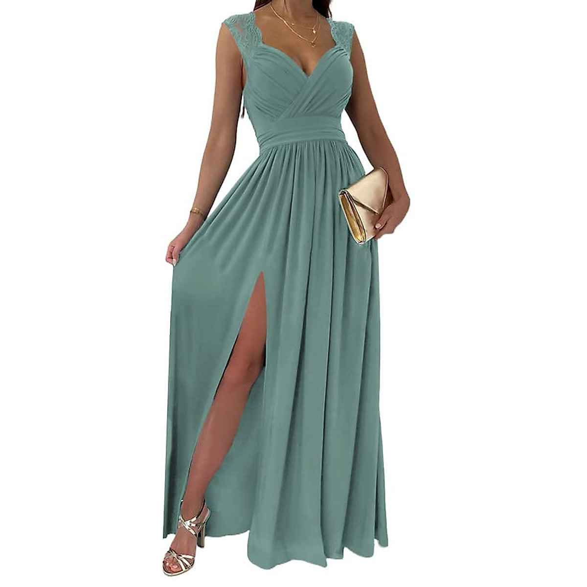 Dokotoo Womens Ladies Elegant Floor Length A Line Wrap Deep V Neck Backless Ruched Pleated Ruffled Split Long Maxi Formal Evening Party Prom Dress Bridesmaid Wedding Guest Dresses for Women Green L