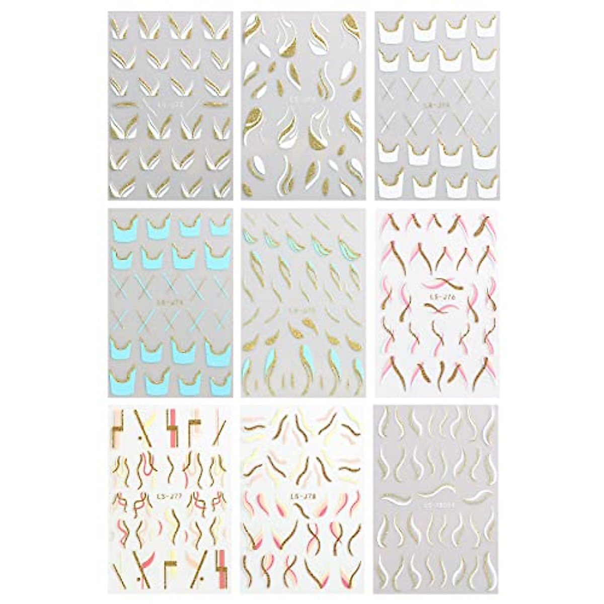 JMEOWIO 9 Sheets French Tip Nail Art Stickers Decals Self-Adhesive Pegatinas Uñas Colorful Glitter Wave Line Nail Supplies Nail Art Design Decoration Accessories