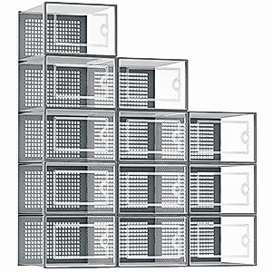 Kuject Shoe Organizer Storage Boxes for Closet 12 Packs Grey, Clear Plastic Stackable Shoe Storage Bins with Drawers & Lids, Under Bed Shoe Storage Containers For Entryway, Closet, Drop Front