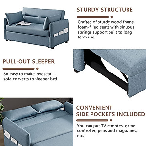 Aoowow Convertible Sleeper Sofa Bed 57 Inches, Faux Leather 2 Seats Sofa with Pull Out Bed,Loveseat Sofa Couch with Adjustable Backrest, 2 Pillows Pocket for Living Room Small Apartment (Sky Blue)