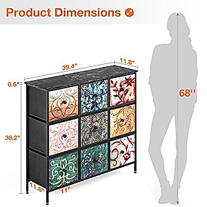 YILQQPER Dresser for Bedroom with 9 Drawers, Chest of Drawers for Closet, Living Room, Hallway, Nursery, Tall Storage Organizer Unit with Sturdy Steel Frame, Fabric Bins, Wood Top (Floral Painted)