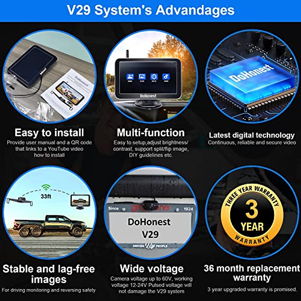 DoHonest Wireless Backup Camera for Trucks Car Pickup Camper Van with 7 Inch Monitor System, HD 1080P Bluetooth Backup Camera 2.4G Stable Digital Signals, Support Add Second RV Rear View Camera-V29