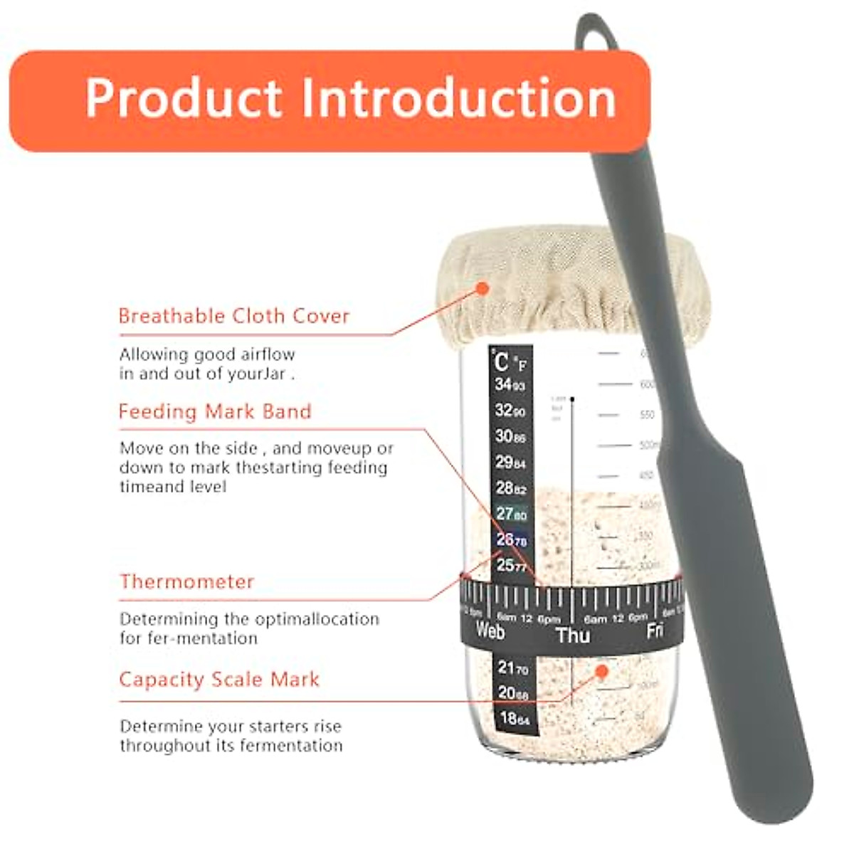 esidianzi Sourdough Starter Jar Kit 650ml Sourdough Starter Container Glass Sourdough Fermentation Jar Wide Mouth with Cloth Cover Spatula Scraper Thermometer Strip Elastic Band Rubber Band for Home