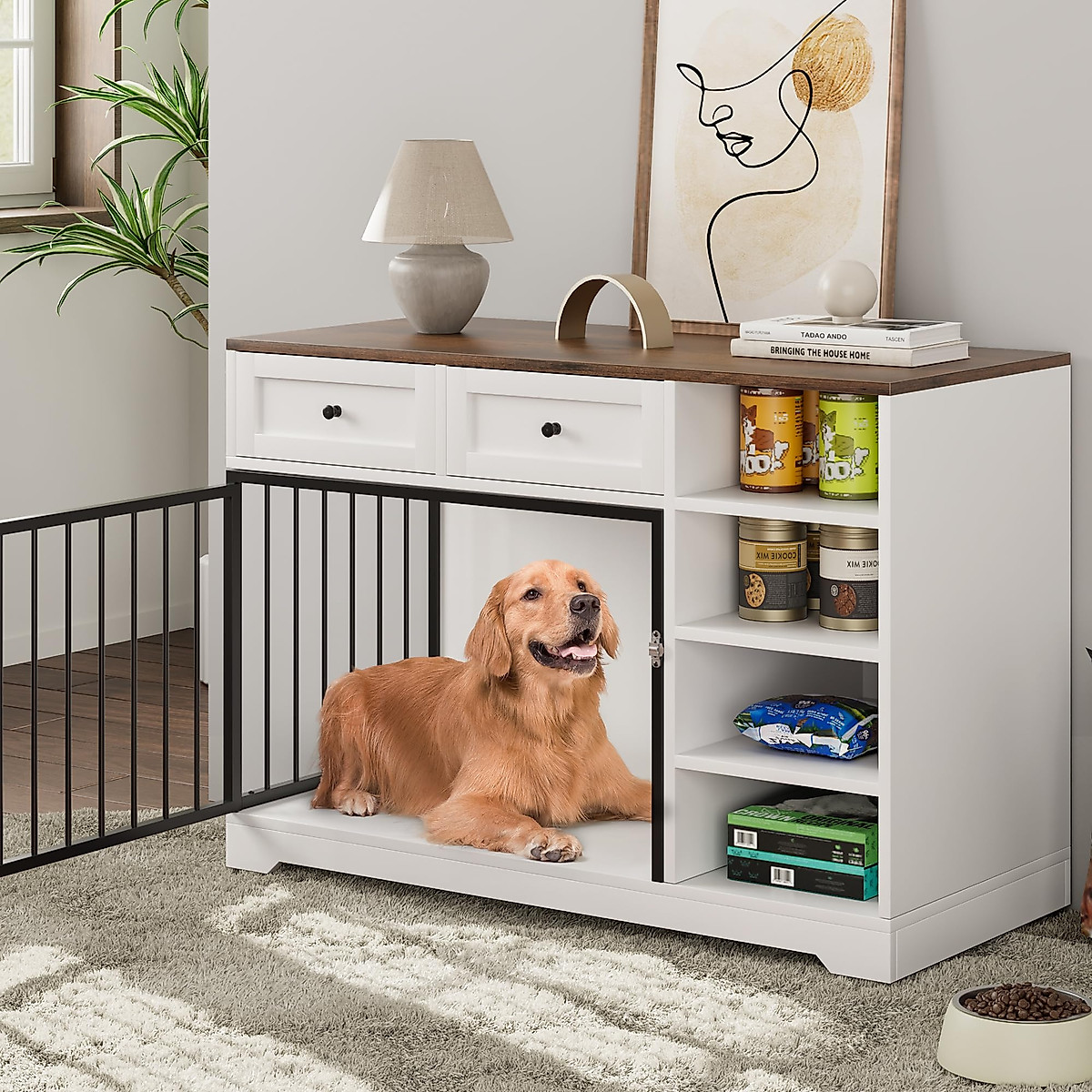 GAOMON Dog Crate Furniture 47”, Large Dog Crate with 2 Drawers and 4 Shelves, Wooden Heavy Duty Dog Crate, Decorative Dog Indoor Kennel Furniture Indoor with Storage, White