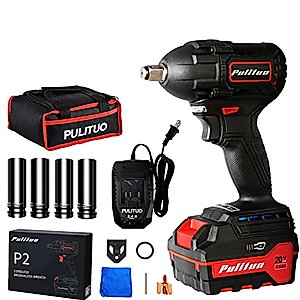 PULITUO Cordless Impact Wrench 1/2 Inch, 20V Electric Brushless Impact Driver Kit w/ 4.0A Li-ion Battery, 4 Pcs Drive Impact Sockets and 1 Hour Fast Charger, High Torque Impact Gun 300ft-lb(400N.m)