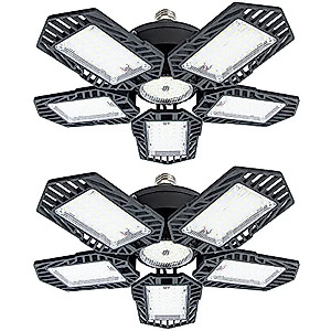LED Garage Lights 2 Pack, 150W 15000 Lumens Daylight Garage Light, Deformable Garage Ceiling Lights with 5 Ultra Bright Adjustable Panels, E26/E27 LED Shop Lights for Workshop Barn Basement Warehouse