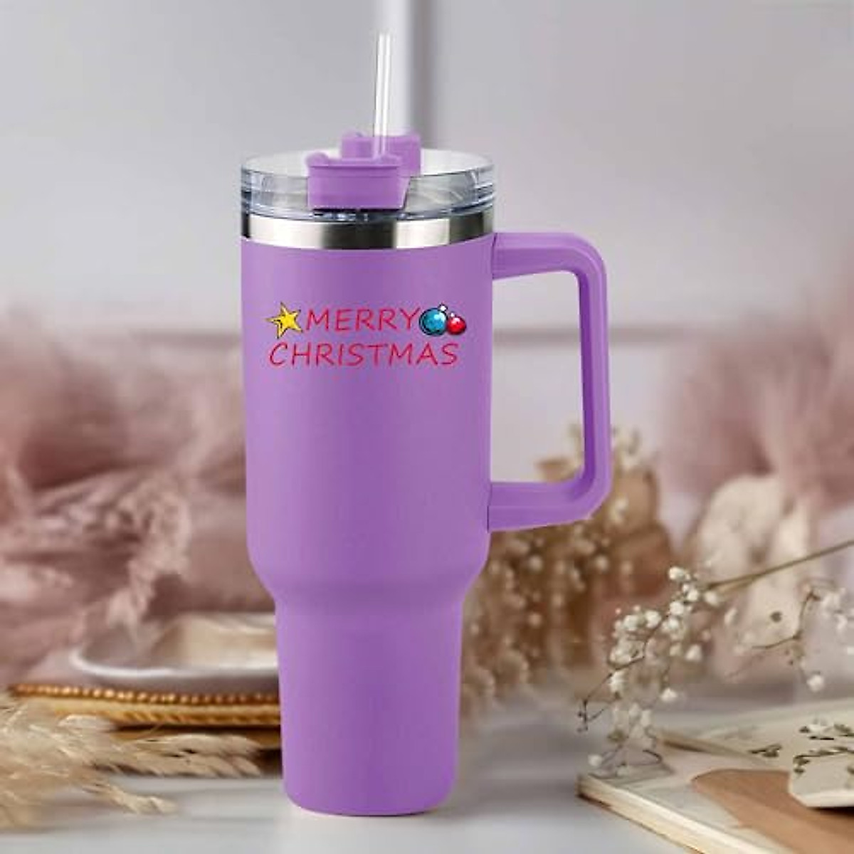 LB LEOBON 40 ounce insulated cup with handle, double-layer vacuum stainless steel material, equipped with straw, can keep warm or maintain cold drinks Merry Christmas Stars Balls Deep purple