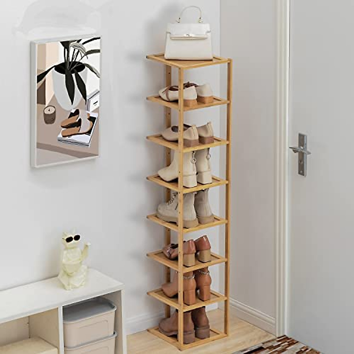 MoNiBloom 8 Tier Shoe Rack, Bamboo Narrow Vertical Single Pairs Shoe Storage Space Saving Tall Shoe Organizer for Small Spaces Corner Bedroom Entryway Balcony, Natural