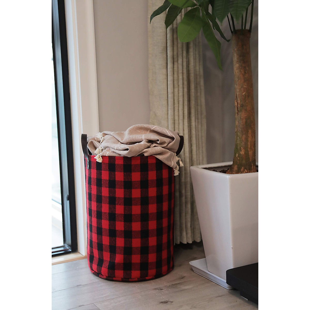17.7" Large Collapsible Storage Basket with Leather Handles, Red Buffalo Plaid Woolen Fabric Foldable Tote Bags Round Home Decorative Organizer Bin