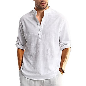 Hakjay Cotton Linen Shirts for Men Casual Shirts Long Sleeve Henley Beach Shirts Hawaiian T Shirts for Men White Large