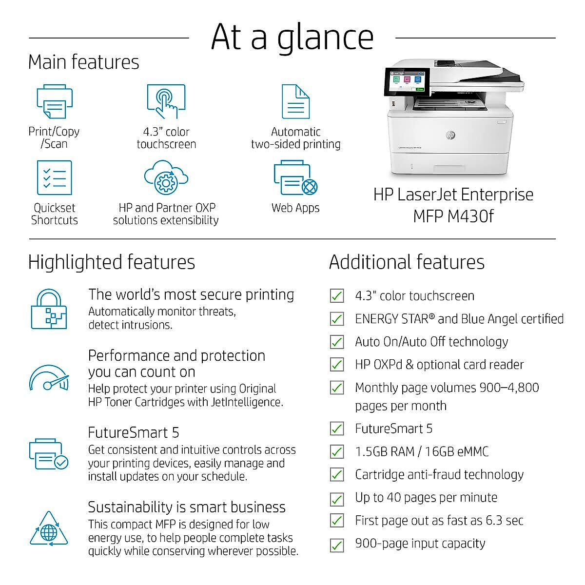 HP Laserjet Enterprise MFP M430f All-in-One Wired Monochrome Laser Printer, White - Print Scan Copy Fax - 4.3" LCD, 40 ppm, Auto Duplex Printing, 50-Sheet ADF, Ethernet (Renewed)