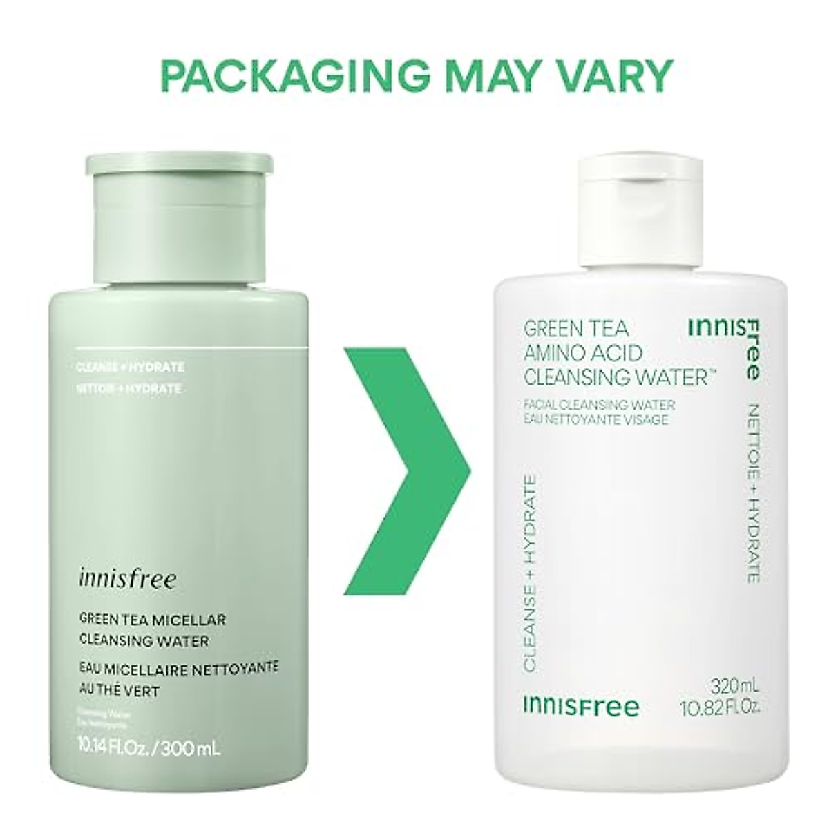 innisfree Green Tea Amino Acid Cleansing Water, Hydrating Micellar Water, Korean Skincare Makeup Remover, Dermatologist Tested (Packaging May Vary)