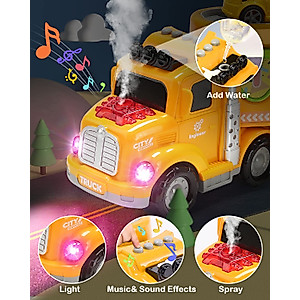 HOLY Fun 5 in 1 Construction Truck Toy Set, Transport Carrier Truck with Spray Sound& Light, 4 Small Engineering Mixer Excavator Crane Dump Car, Friction Power Truck Set, Early Learning Gift for Kids