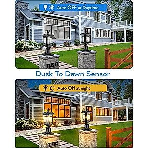 VIANIS Dusk to Dawn Post Lights Outdoor, Black Post Lantern with Pier Mount Base, Exterior Lamp Post Light Fixture, Waterproof Aluminum Body with Tempered Seeded Glass for Patio, Garden, Driveway