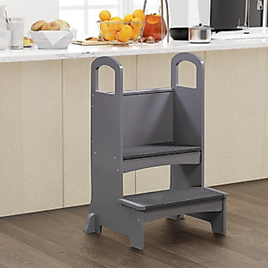 Kids Step to It Stool, Step Stool Chair Kitchen Step Stool for Kids, Wooden Stepping Stool for Kids, Empower Kids in The Kitchen with Step-Up Solutions by Naomi Home – Gray