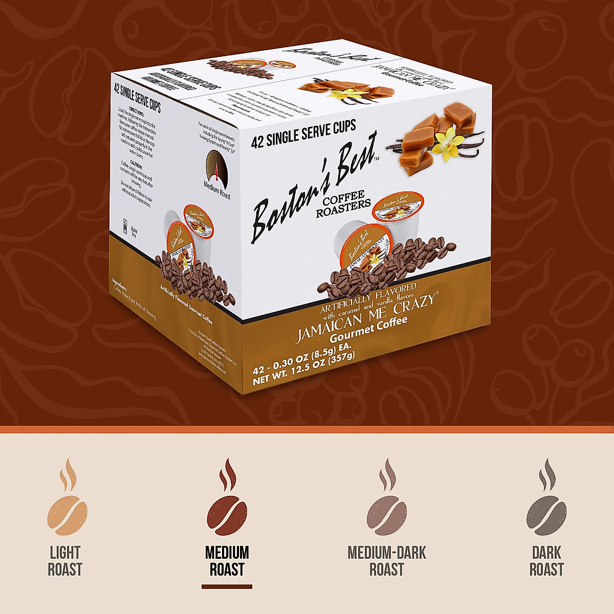Boston’s Best Gourmet Coffee – Jamaican Me Crazy Caramel Vanilla Flavored Coffee – Medium Roast – Single Serve Coffee Pods, Compatible with Keurig Brewers – 42 Pods