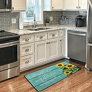 Sunflowers Teal Turquoise Kitchen Rugs Non Slip Thankful Grateful Blessed Kitchen Mats Standing Cushioned Mat in Front of Sink, Washable, 39 x 20 Inch