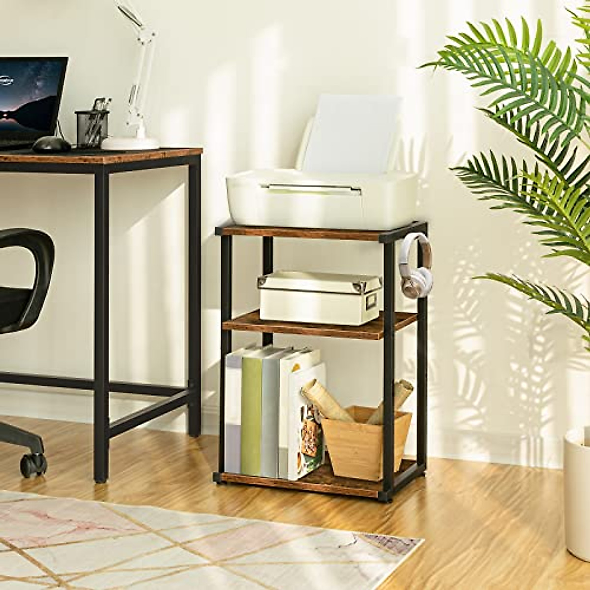 HOOBRO Mobile Printer Stand, 3-Tier Printer Cart Under Desk with Storage, Industrial Adjustable Rolling Cart for Home Office, Rustic Brown and Black BF28PS01-BF23PS01