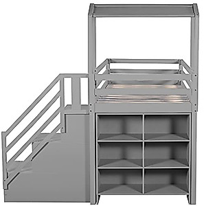 DEYOBED Twin Over Full House Shaped Wooden Bunk Bed Detachable Loft Bed with Trundle, Storage Staircase, and Shelves - Versatile Solution for Kids, Teens, and Adults