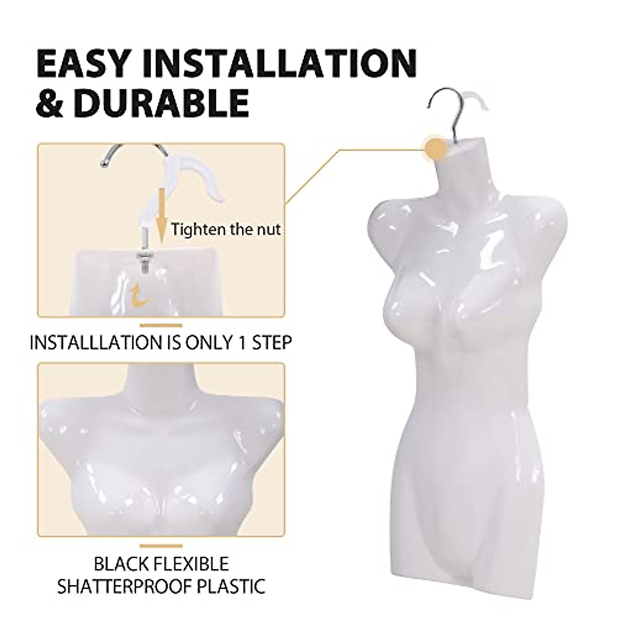 White Hanging Female Mannequin Torso 4PCS Dress Form Sewing Manikin, 30 Inch Female Molded Shatterproof Shapely Torso Form Hollow Back Body Torso Dress Form & 2 Hanging Hook for T-Shirt Display