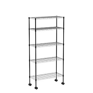 FDW 30" L×14" W×60" H Wire Shelving Unit Metal Shelf with 5 Tier Casters Adjustable Layer Rack Strong Steel for Restaurant Garage Pantry Kitchen Garage，Black