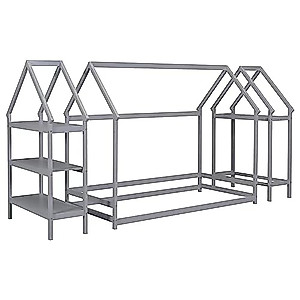 LostCat Twin House Shaped Floor Bed with 2 Detachable Storage Shelves, House Shaped Twin Bed Frame with Roof, Wood Montessori Floor Bed with Clothes Drying Rack, Floor Bed Frame for Kids, Grey