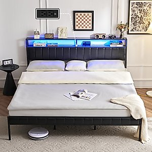 AMERLIFE King Size Platform Bed Frame, LED Bed Frame with PU Leather & Charging Station, 2-Tier Storage Headboard/No Box Spring Needed/Noise Free, Black
