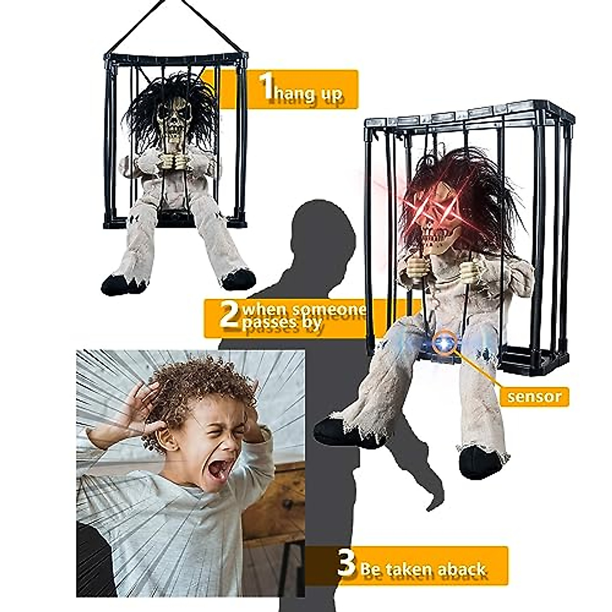 Skeleton Animated Halloween Decorations, Screaming Halloween Decor with Motion Activated & Light Sensor, Spooky Prisoner Cage with Spider Web Haunted House Decorations by CRILEAL, Ghost with Long-hair