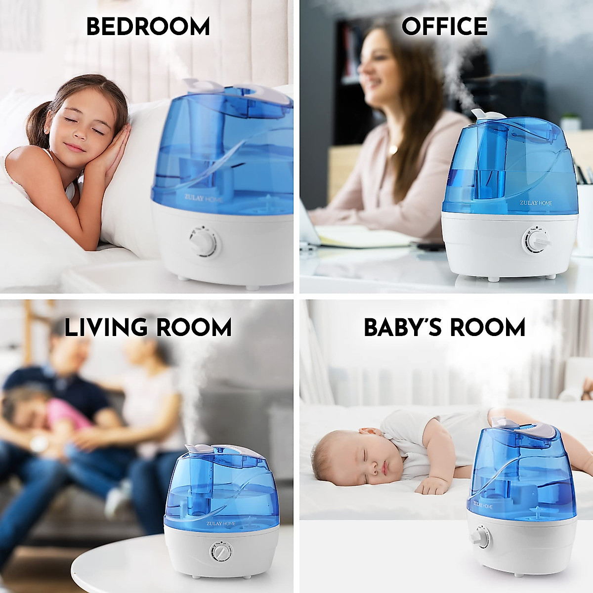 Zulay Cool Mist Humidifiers (2.2L Water Tank) - Quiet Ultrasonic Humidifiers For Bedroom with Auto-Shutoff Feature - Air Humidifier For Plants, Babies Nursery and Kids Room (Blue)