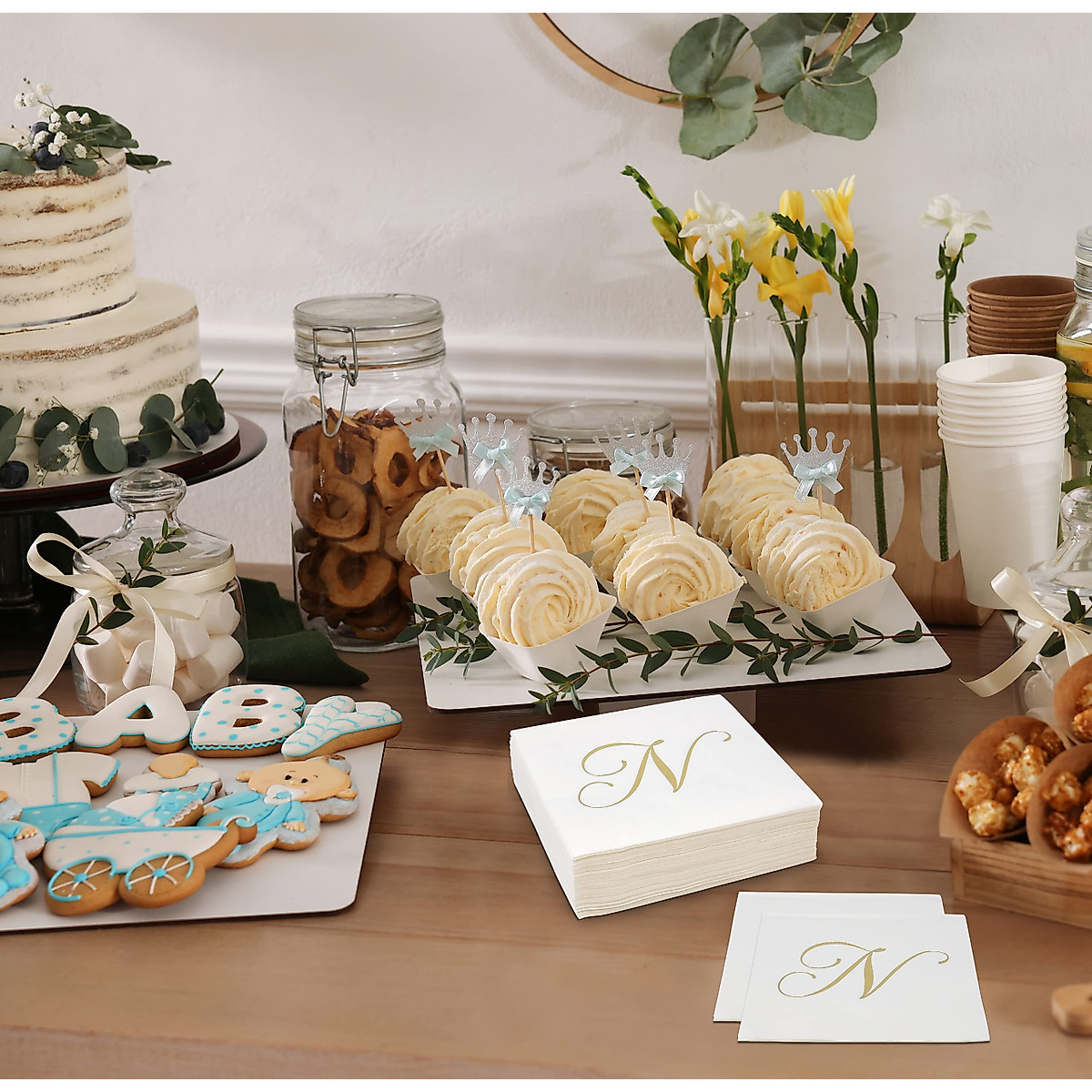 Gift Boutique 100 Gold Monogram Cocktail Napkins Letter N Disposable Paper Pack Elegant Metallic Golden Foil Hand Napkin for Powder Room Wedding Holiday Birthday Party Baby Shower Decorative Towels