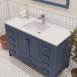 Ayna Decors Rooh 48 Inch Navy Blue Bathroom Vanity with Sink, Quartz Countertop, 2 Soft Closing Doors, and 7 Full Extension Drawers, Brushed Nickel Hardware