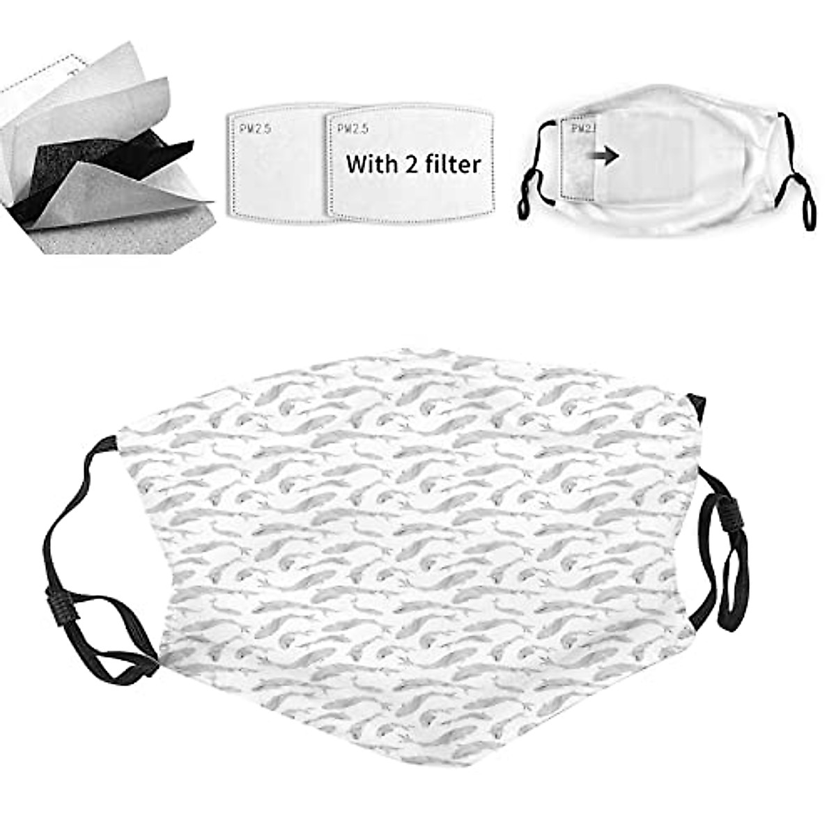 Fish Fashion Face mask,Abstract Sketchy Marine Life enlighten Illustration Line,Dust Washable Reusable Filter and Reusable Mouth Warm Windproof polyester Face for women men,Black White Grey