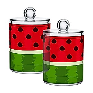 Red Watermelon Green Qtip Dispenser Apothecary Jars Bathroom Qtip Holder Storage Canister Plastic Jar 10 Oz for Cotton Ball Swab Round Pads Floss 4pcs