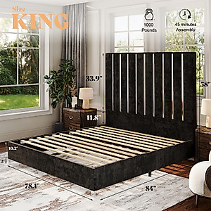 AMERLIFE King Bed Frame with 58" Tall Headboard, Silver Mirror-Plated Trim Platform Bed with Velvet Upholstered, Modern and Luxury Bed, No Box Spring Needed, Black