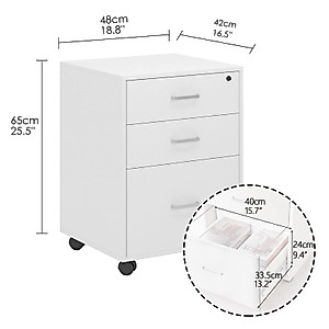 DlandHome Cabinet with Wheels 3 Drawer File, Mobile Rolling Filing Cabinet Filing Cabinet (OneSize, White)